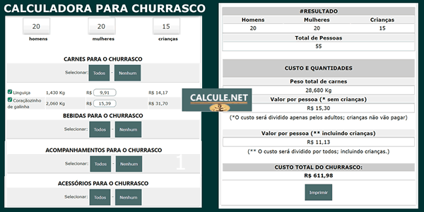 Cálculo Churrasco - Calculadora de quantidade de carne por pessoa para churrasco, festa - cálculo